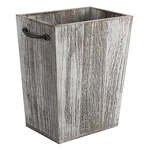 Farmhouse Wooden Wastebasket, Country Style Trash Bin Decorative Torched Garbage Can with Metal Handle for Kitchen Bedroom Dorm Hotel (Rustic Grey)