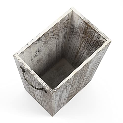 Farmhouse Wooden Wastebasket, Country Style Trash Bin Decorative Torched Garbage Can with Metal Handle for Kitchen Bedroom Dorm Hotel (Rustic Grey)