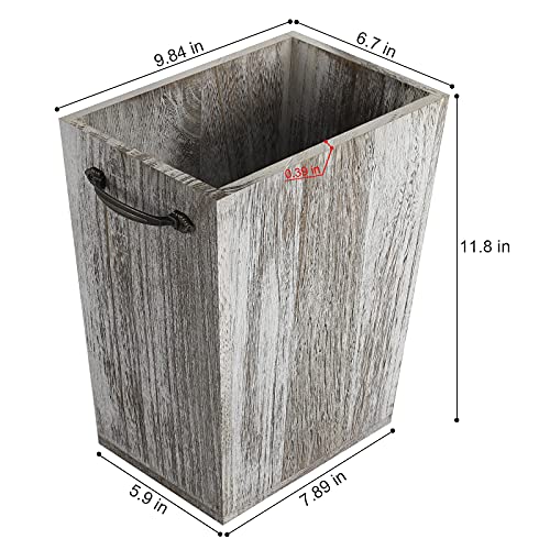 Farmhouse Wooden Wastebasket, Country Style Trash Bin Decorative Torched Garbage Can with Metal Handle for Kitchen Bedroom Dorm Hotel (Rustic Grey)