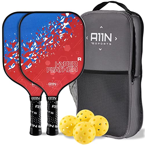 A11N HyperFeather R Pickleball Paddles Set of 2 for Beginners with 4 Outdoor Balls and 1 Backpack, Blue/Red