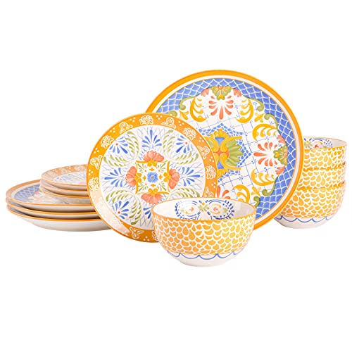 Laurie Gates by Gibson Hand Painted Tierra Mix and Match Dinnerware Set, Service for 4 (12pcs), Mosaic