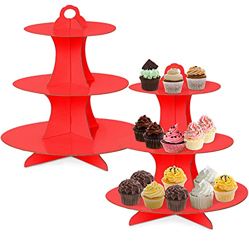 Cupcake Stand, 2 Pack 3-Tier Round Cardboard Dessert Plates Cake Fruit Cupcake Base Holder Candy Display Tower Tray Pastry Serving Platter for Birthday, Wedding, Baby Shower, Christmas (Red)