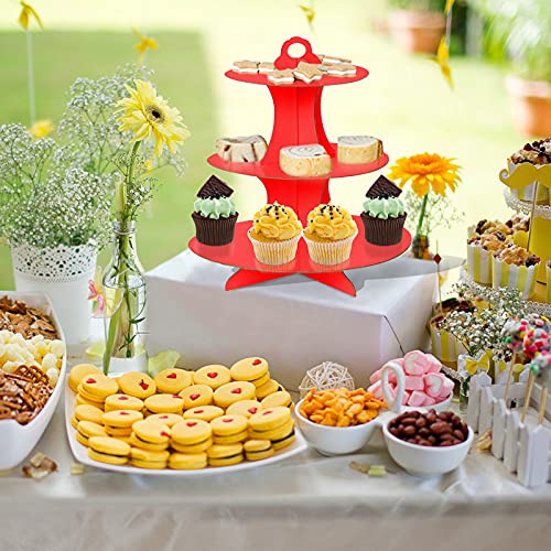 Cupcake Stand, 2 Pack 3-Tier Round Cardboard Dessert Plates Cake Fruit Cupcake Base Holder Candy Display Tower Tray Pastry Serving Platter for Birthday, Wedding, Baby Shower, Christmas (Red)