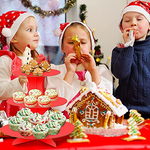 Cupcake Stand, 2 Pack 3-Tier Round Cardboard Dessert Plates Cake Fruit Cupcake Base Holder Candy Display Tower Tray Pastry Serving Platter for Birthday, Wedding, Baby Shower, Christmas (Red)