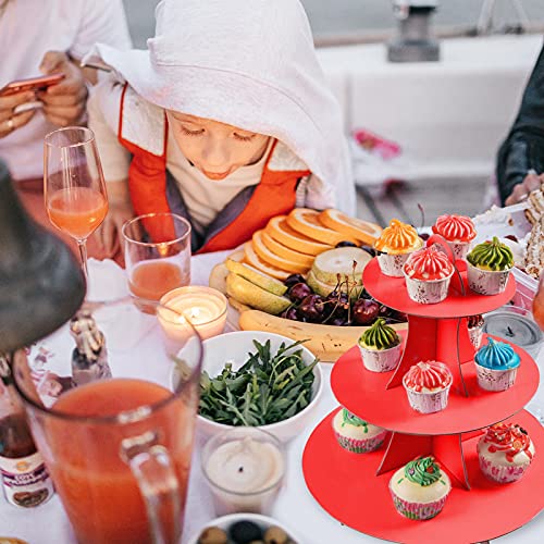 Cupcake Stand, 2 Pack 3-Tier Round Cardboard Dessert Plates Cake Fruit Cupcake Base Holder Candy Display Tower Tray Pastry Serving Platter for Birthday, Wedding, Baby Shower, Christmas (Red)