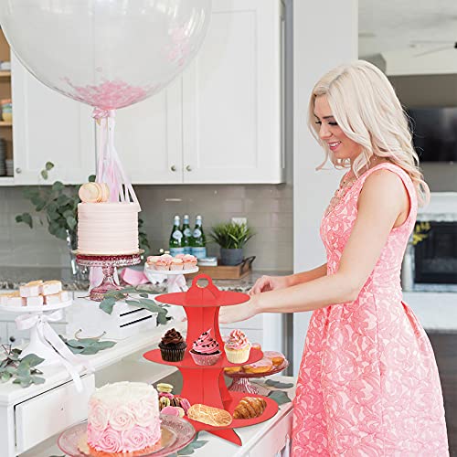 Cupcake Stand, 2 Pack 3-Tier Round Cardboard Dessert Plates Cake Fruit Cupcake Base Holder Candy Display Tower Tray Pastry Serving Platter for Birthday, Wedding, Baby Shower, Christmas (Red)