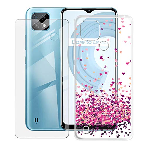 HHUAN Case for Realme C21Y RMX3261 (6.50 Inch) with Tempered Glass Screen Protector, Clear Soft Silicone Protective Cover Bumper Shockproof Phone Case for Realme C21Y RMX3261 - WM85