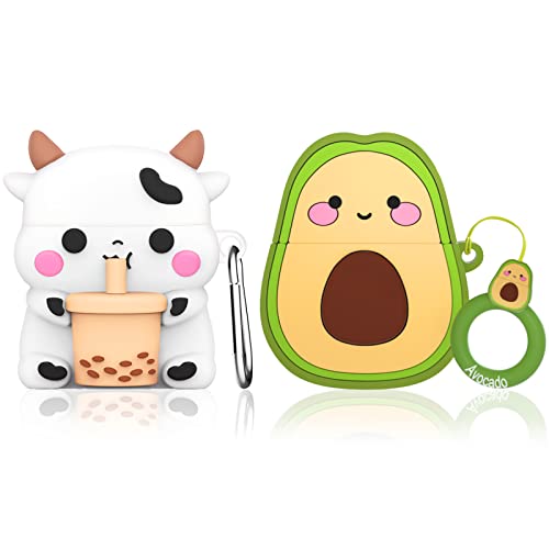 2 Pack Cute Airpod Case Cover, Boba Tea Cow & Avocado Airpods Case 3D Cartoon Funny Airpods 1&2 Case, Food Fruit Design Silicone Protective Case with keychain for Airpods 1st Generation/2nd Generation