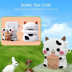 2 Pack Cute Airpod Case Cover, Boba Tea Cow & Avocado Airpods Case 3D Cartoon Funny Airpods 1&2 Case, Food Fruit Design Silicone Protective Case with keychain for Airpods 1st Generation/2nd Generation