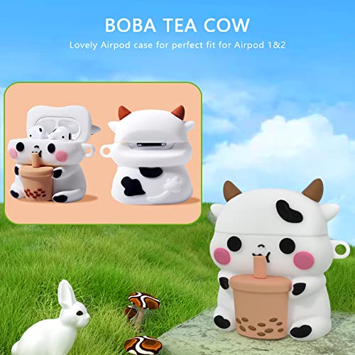 2 Pack Cute Airpod Case Cover, Boba Tea Cow & Avocado Airpods Case 3D Cartoon Funny Airpods 1&2 Case, Food Fruit Design Silicone Protective Case with keychain for Airpods 1st Generation/2nd Generation