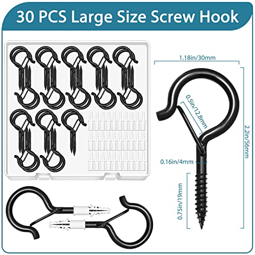 Mckanti 30 Pack Screw Hooks for Outdoor String Lights, Outdoor Hooks for Light Eye Hooks Screw in Cup Hooks Ceiling Hooks with Safety Buckles Q-Hanger Hooks for Plants Christmas Light