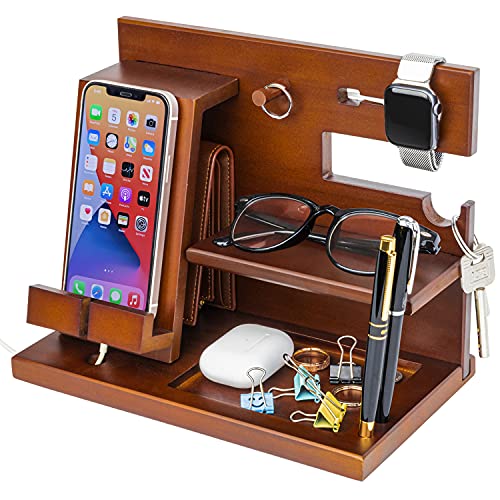 awofer Wood Phone Docking Station Nightstand Organizer for Men - Key Holder Wallet Stand iWatch Organizer Ring Hanging - Gadgets Gifts for Husband Boyfriend Dad Son Birthday Anniversary Fathers Day