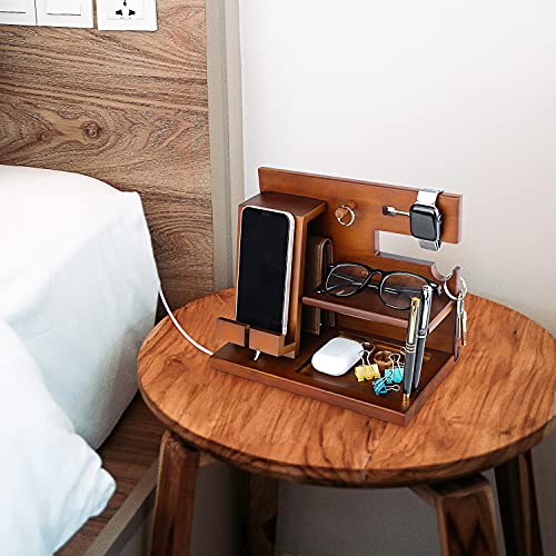 awofer Wood Phone Docking Station Nightstand Organizer for Men - Key Holder Wallet Stand iWatch Organizer Ring Hanging - Gadgets Gifts for Husband Boyfriend Dad Son Birthday Anniversary Fathers Day