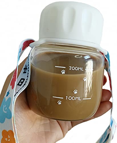 yaocoral Reusable Cute Mini Glass Coffee Tea Juice Milk Bottle with Measurement Microwave Safe,Portable Small Travel Clear Glass Water Bottle Cup for Adults Girls(white), 8.45 ounce