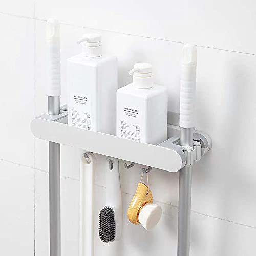 NRAPOOB Mop And Broom Holder Wall Mount, Bathroom Shelves Wall Mounted, Broom Organizer Holds Self Adhesive No Drilling Super Anti-Slip, Broom and Dustpan Hanger for Home, Kitchen