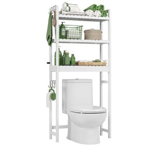 bamjoy over the toilet storage shelf, bamboo 3 tier bathroom space saver organizer, multipurpose toilet storage rack with 6 hooks bathroom kitchen balcony entryway, easy to assemble, 64”h white