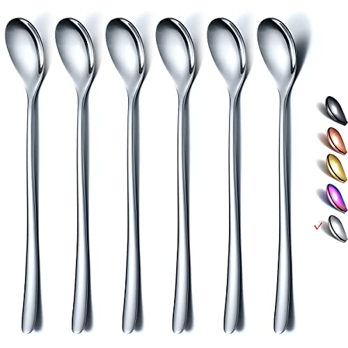 Long Handle Spoon, Coffee Stirrers, Premium Stainless Steel Coffee Spoons, Ice Tea Spoons, Ice Cream Spoon, Cocktail Stirring Spoons, Tea Spoons, Set of 6 (Silver)