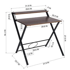 FurnitureR 31.9'' Folding Desk 2 Tier Foldable Desk No Assembly Computer Desk Saves Space for Home Office Study, Metal Frames/Wood Top Laptop Table, Rustic Brown