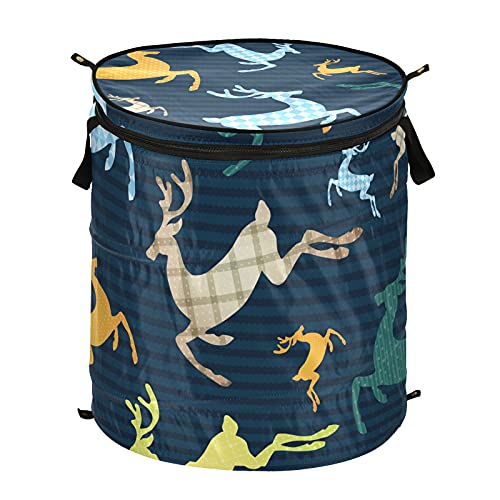 Reindeers Pop Up Laundry Hamper With Zipper Lid Foldable Laundry Basket With Handles Collapsible Storage Basket Clothes Organizer for Kids Room Bedroom