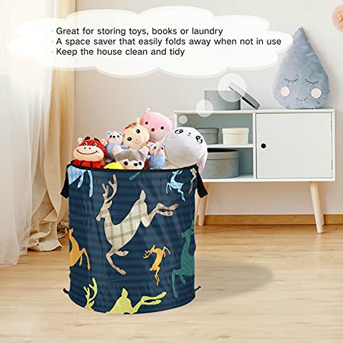 Reindeers Pop Up Laundry Hamper With Zipper Lid Foldable Laundry Basket With Handles Collapsible Storage Basket Clothes Organizer for Kids Room Bedroom