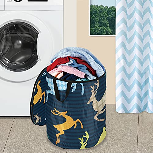 Reindeers Pop Up Laundry Hamper With Zipper Lid Foldable Laundry Basket With Handles Collapsible Storage Basket Clothes Organizer for Kids Room Bedroom