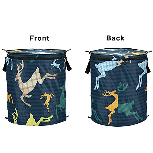 Reindeers Pop Up Laundry Hamper With Zipper Lid Foldable Laundry Basket With Handles Collapsible Storage Basket Clothes Organizer for Kids Room Bedroom