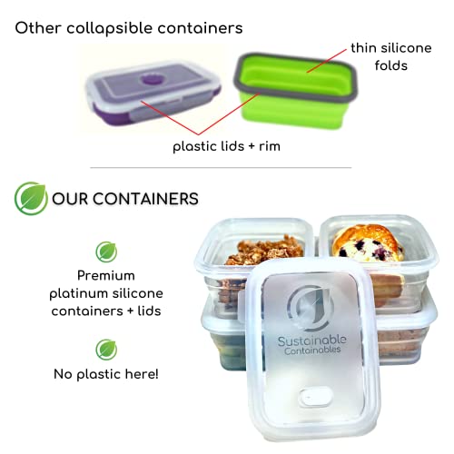 Premium Silicone Collapsible Food Storage Containers with Silicone Leakproof Lids, Clear Platinum Food-Grade, BPA Free, LFGB Certified, Compact, Reusable Lunch Box, Microwave Safe Meal Prep, 4.9 Cups 3 Pk