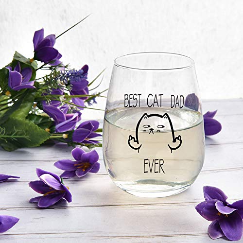 Cat Dad Stemless Wine Glass - Funny Dad Wine Glass for Cat Lovers, Dad, New Dad, Father, Papa, Dad Gifts for Christmas, Birthday, Father's Day 15Oz