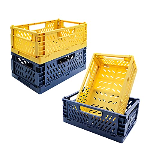 souG 4 Pack Baskets Plastic for Shelf Home Kitchen Storage Bin Organizer, Stackable Container Crate for Bedroom Bathroom Office Clothes Toy Beauty(Blue&Yellow,8.6x5.7x3.6)