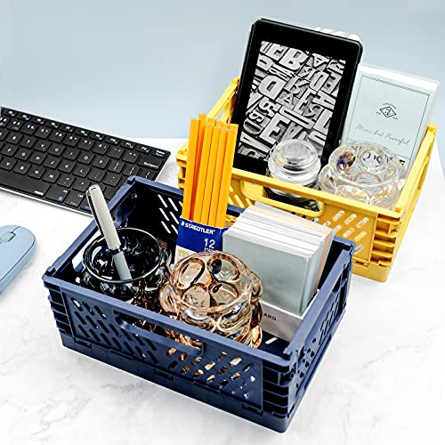 souG 4 Pack Baskets Plastic for Shelf Home Kitchen Storage Bin Organizer, Stackable Container Crate for Bedroom Bathroom Office Clothes Toy Beauty(Blue&Yellow,8.6x5.7x3.6)