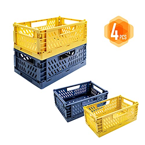 souG 4 Pack Baskets Plastic for Shelf Home Kitchen Storage Bin Organizer, Stackable Container Crate for Bedroom Bathroom Office Clothes Toy Beauty(Blue&Yellow,8.6x5.7x3.6)