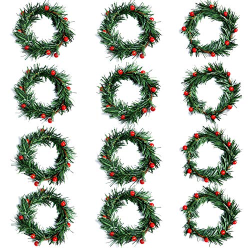 Artflower 12 Pcs Christmas Candle Rings Wreath Mini Christmas Wreath with Red Artificial Berry Christmas Pine Wreath Candle Holder Rings for Christmas Holiday Table Decorations (3 inch)