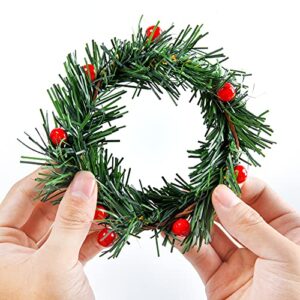 Artflower 12 Pcs Christmas Candle Rings Wreath Mini Christmas Wreath with Red Artificial Berry Christmas Pine Wreath Candle Holder Rings for Christmas Holiday Table Decorations (3 inch)