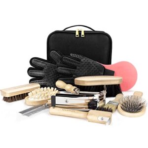 ueemph horse grooming kit,10-piece, black storage bag,horse brushes set,horse sweat scraper,mane comb,horse grooming gloves,100% horsehair brush,horse gifts for girls