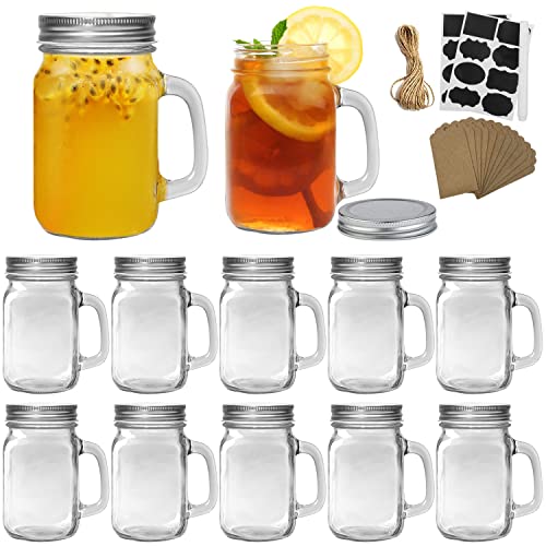 16 oz Mason Jars with Handle,Old Fashioned Drinking Glasses with Chalkboard Labels and Silver Metal Lids,Glass Mugs for Party or Daily use,Set of 12.