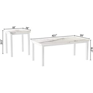 AWQM Faux Marble Coffee Table Set, Occasional Table Set of 3, Includes Accent Table & 2 Sofa Side End Tables for Living Room, White Metal Frame, White