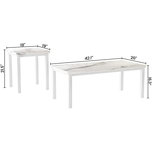 AWQM Faux Marble Coffee Table Set, Occasional Table Set of 3, Includes Accent Table & 2 Sofa Side End Tables for Living Room, White Metal Frame, White