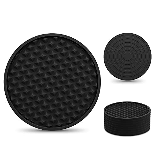 Coasters for Drinks Set of 8, EAGMAK Silicone Drink Coasters with Grooved Pattern, Non-Slip Base, Washable and Heat Resistant Coffee Coasters for Wooden Table, Desk, Kitchen, Office, Bar-Black