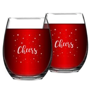 set of 2 cheers christmas stemless wine glasses with white stars, christmas wine glasses set, xmas festival decoration gifts for friends family women men holiday celebration christmas party, 15 oz