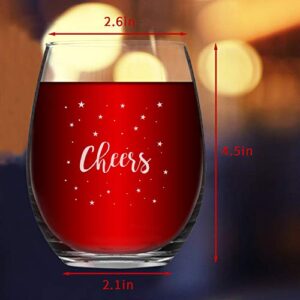 Set of 2 Cheers Christmas Stemless Wine Glasses with White Stars, Christmas Wine Glasses Set, Xmas Festival Decoration Gifts for Friends Family Women Men Holiday Celebration Christmas Party, 15 Oz