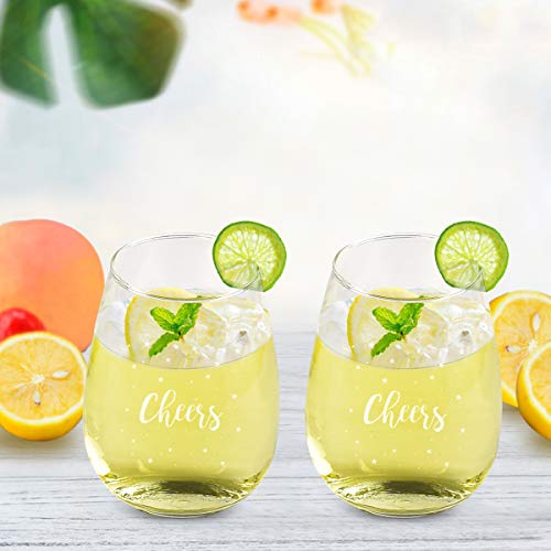 Set of 2 Cheers Christmas Stemless Wine Glasses with White Stars, Christmas Wine Glasses Set, Xmas Festival Decoration Gifts for Friends Family Women Men Holiday Celebration Christmas Party, 15 Oz