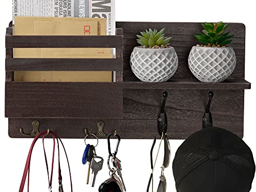 ISM Designs Key Hangers for Wall Decor - Mail and Holder with Shelf Organizer Hooks, Rustic Brown, 16 Inch x 8