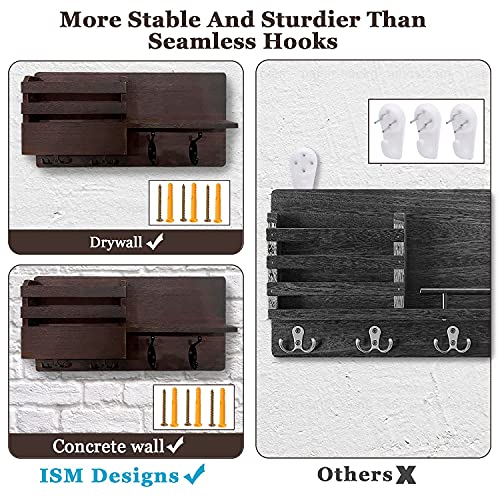 ISM Designs Key Hangers for Wall Decor - Mail and Holder with Shelf Organizer Hooks, Rustic Brown, 16 Inch x 8