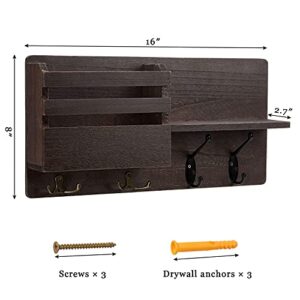 ISM Designs Key Hangers for Wall Decor - Mail and Holder with Shelf Organizer Hooks, Rustic Brown, 16 Inch x 8