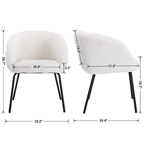 DUOMAY Modern Faux Fur White Barrel Dining Chair, Upholstered Accent Side Chair Makeup Vanity Chair with Back Living Room Leisure Chair with Black Metal Legs for Bedroom Dining Room