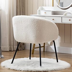 DUOMAY Modern Faux Fur White Barrel Dining Chair, Upholstered Accent Side Chair Makeup Vanity Chair with Back Living Room Leisure Chair with Black Metal Legs for Bedroom Dining Room