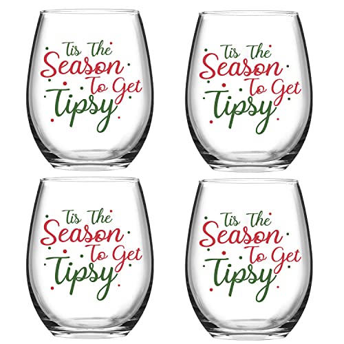 This the Season to Get Tipsy Christmas Stemless Wine Glass, Set of 4 Christmas Wine Glasses, Gift ideas for Christmas Holiday Wedding, Funny Wine Glasses for Women Friends Men family Wino, 15 Oz