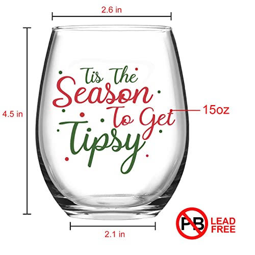 This the Season to Get Tipsy Christmas Stemless Wine Glass, Set of 4 Christmas Wine Glasses, Gift ideas for Christmas Holiday Wedding, Funny Wine Glasses for Women Friends Men family Wino, 15 Oz