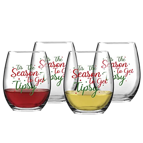 This the Season to Get Tipsy Christmas Stemless Wine Glass, Set of 4 Christmas Wine Glasses, Gift ideas for Christmas Holiday Wedding, Funny Wine Glasses for Women Friends Men family Wino, 15 Oz