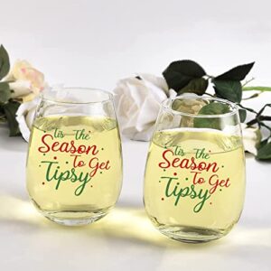 This the Season to Get Tipsy Christmas Stemless Wine Glass, Set of 4 Christmas Wine Glasses, Gift ideas for Christmas Holiday Wedding, Funny Wine Glasses for Women Friends Men family Wino, 15 Oz